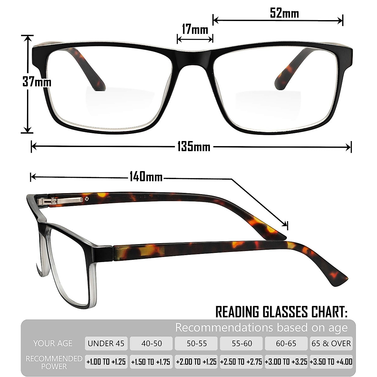 Yogo Vision Bifocal Reading Glasses for Men and Women, Rectangle MultiFocal Readers with Spring Hinges, Retro Design Black/Havana 1.75