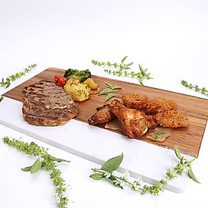 Azauvc Cutting Board with White Marble and Natural Wood,Cheese Board Serving Board for Steak Fruits with Handle,Chopping Board for Bread