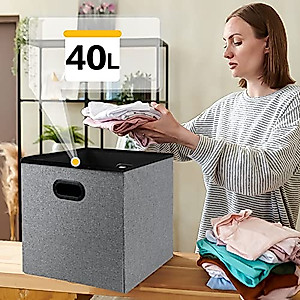 Babion 15 Inches Storage Ottoman Cube, Footrest Stool with Metal Hole Handles& Lid, Folding Storage Ottoman, Box Chest with Foam Padded Seat, Cube Ottoman with Storage, Linen Square(Dark Grey,2pcs)