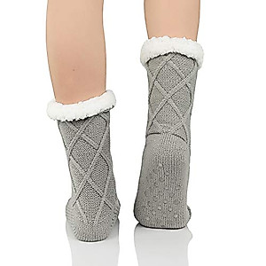 Zando Slipper Socks for Women Fluffy Cozy Fleece-Lined Fuzzy Socks Cabin Warm Winter Socks Soft Thick Comfy Christmas Anti Slip Socks Non Skid Hospital Socks Home Stocking Stuffer Sock O Grey