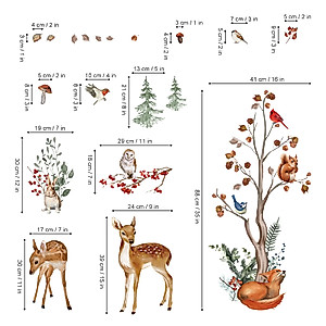 wondever Woodland Animals Tree Wall Stickers Forest Deers Fox Squirrel Peel and Stick Wall Art Decals for Baby Nursery Kids Bedroom