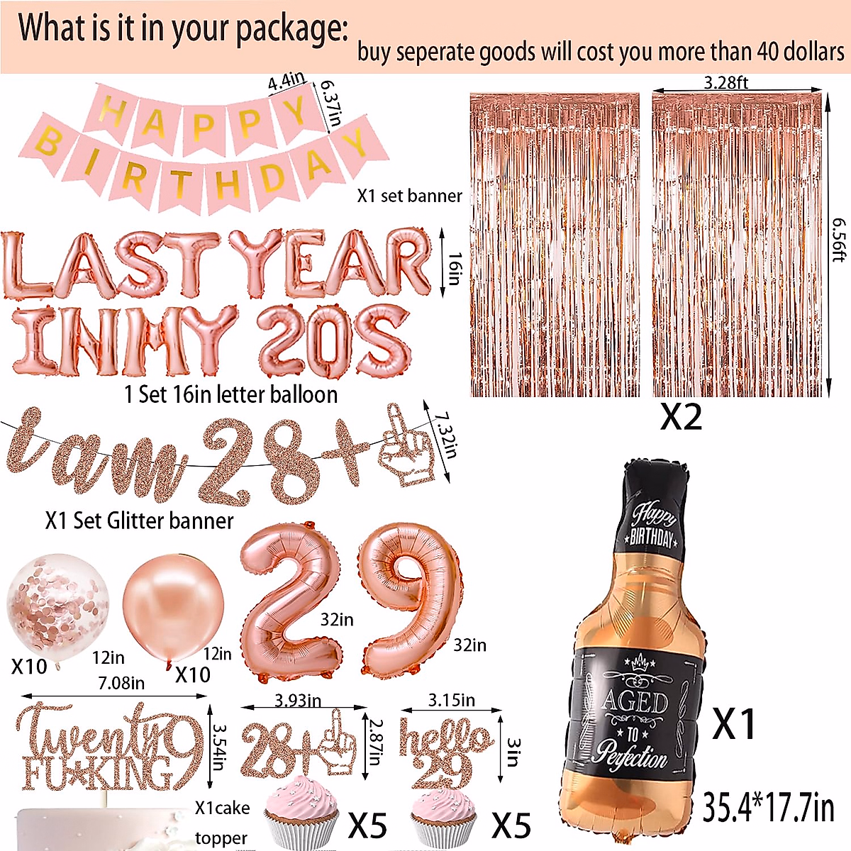29th Birthday Decorations for Women include Last Year In My 20s Balloon Banner I AM 28+1 Glitter Banner 29 Birthday Cake Topper Cupcake Toppers Number 29 Foil Balloons Whiskey Balloon