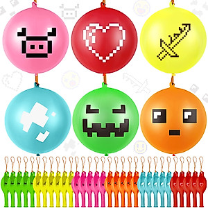 30 Pcs Pixelated Punch Balloons Colorful Latex Punch Ball Miner Video Game Party Favors Bounce Balloons with Rubber Band Handle for Birthday Party