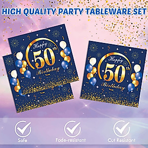 40 PCS Blue Gold 50th Birthday Party Decorations 50th anniversary decorations Disposable Dinnerware Set Include Plates Napkins for Man 50 Years Old Party Decor