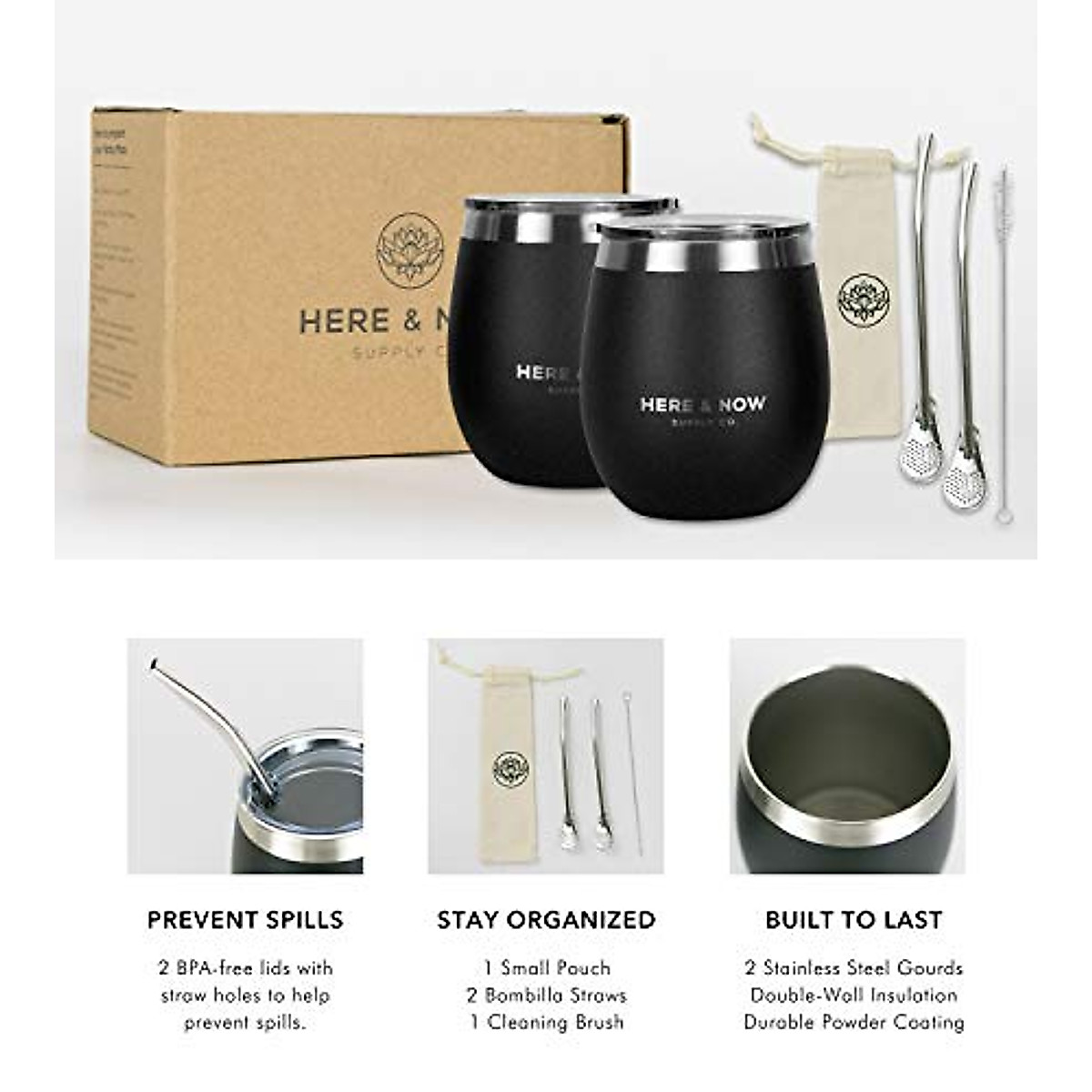 Here & Now Yerba Mate Cup and Bombilla Set | 2 Mate Gourds, Spill Resistant Lids, & Mate Straws | Bombilla Brush & Pouch Included | Yerba Mate Gourd Kit with Bombilla Mate & Mate Tea Cups (Black)