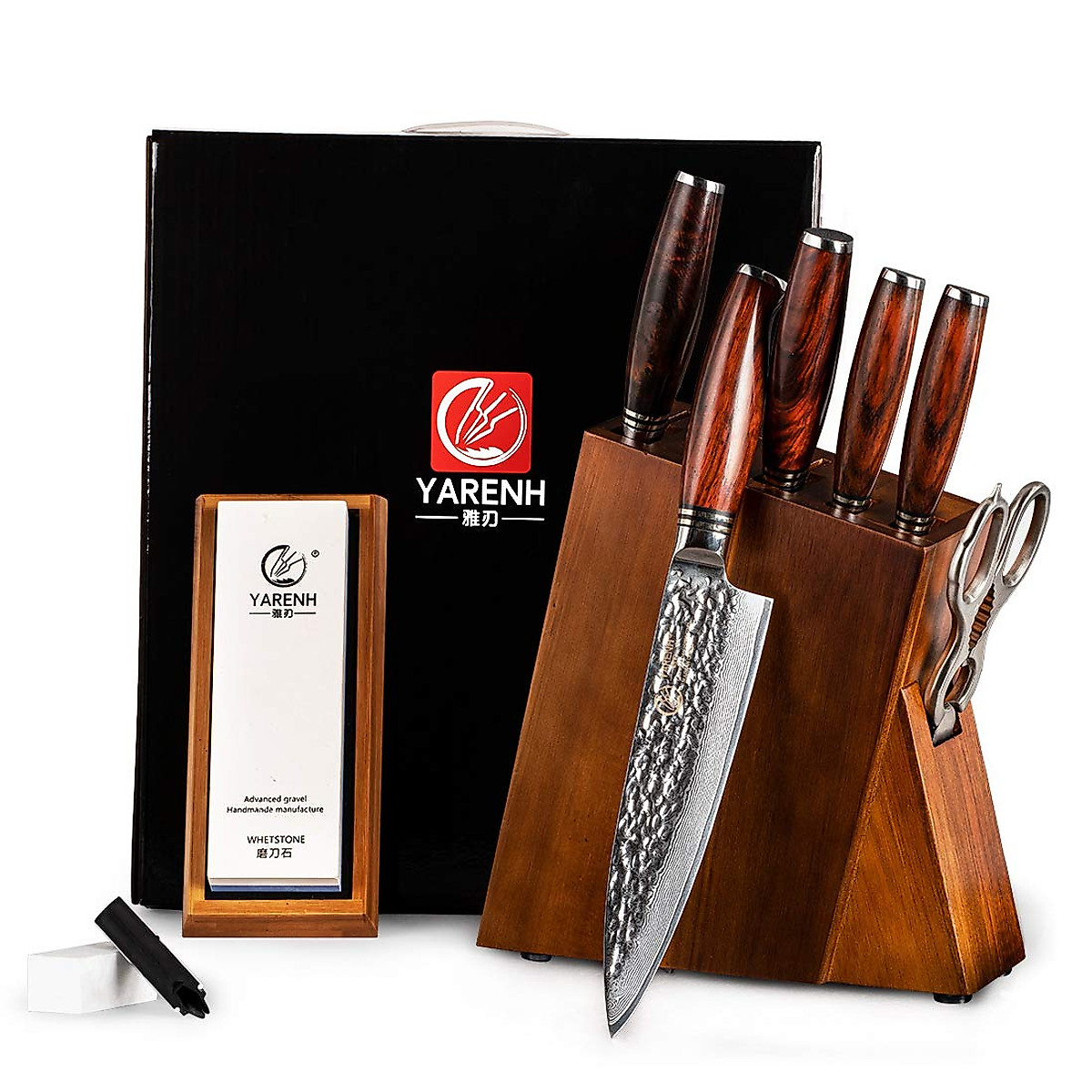 YARENH Kitchen Knife Set, 8 Piece Professional Damascus Chef Knives, Sharp High Carbon Stainless Steel Blade, 73 Layers, Full Tang, Dalbergia Wood Handle, Walnut Wooden Block and Sharpener Stone