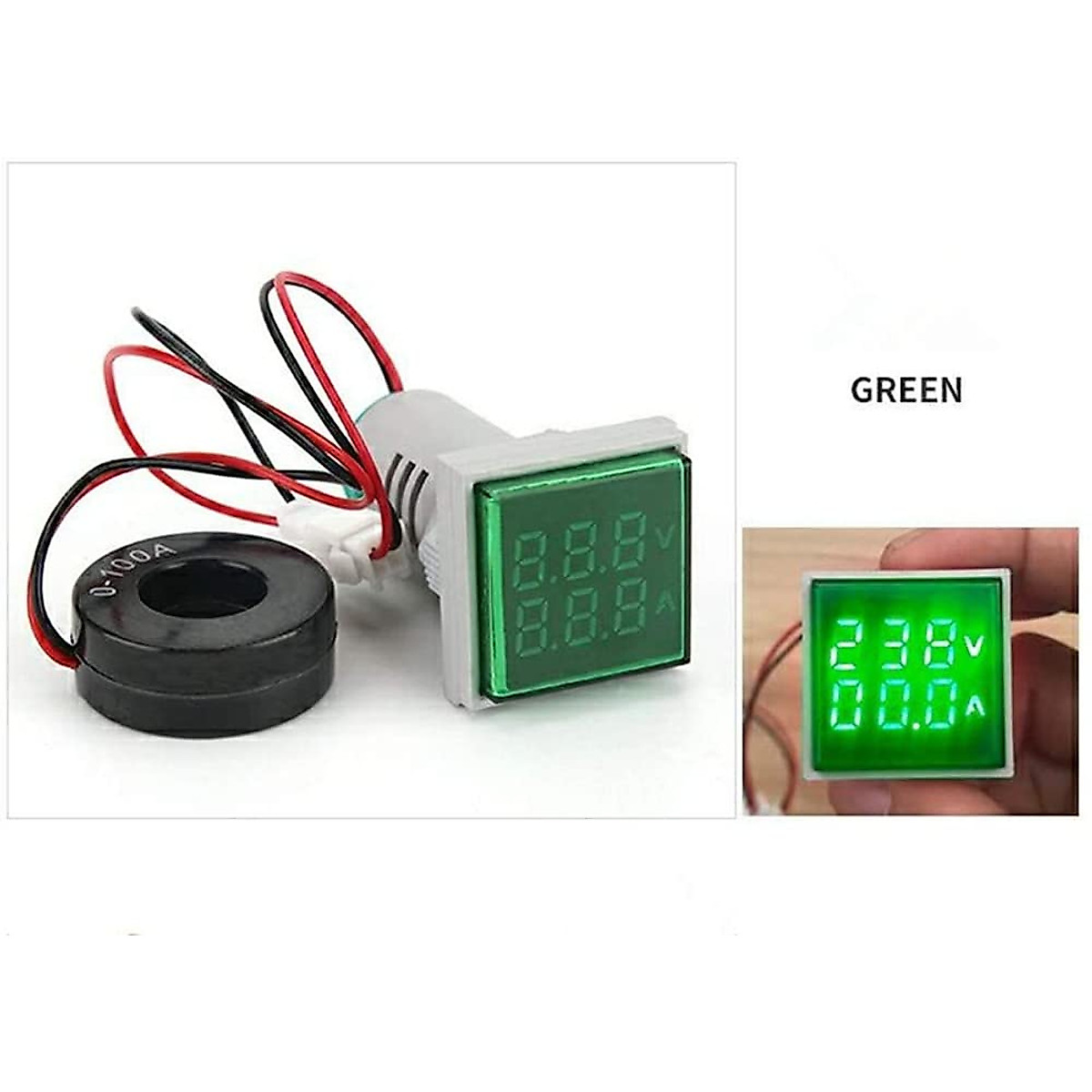 Szliyands AC Current and Voltage Indicator with Two-Digit Display, 22mm Square Head LED Multi-Function Measuring Instrument Monitor (Green)