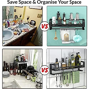 Shower Caddy, Black Strong Adhesive Shower Shelves, Shower Organizer Shelf with 6Hooks Towel Rack Basket, Rustproof Wall-Mounted Shower Racks for Inside Shower, Kitchen Bathroom Organizer, No Drilling