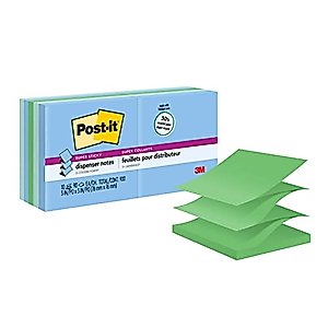 Post-it Super Sticky Pop-up Notes, 3x3 in, 10 Pads, 2x the Sticking Power, Bora Bora Collection, Cool Colors (Green, Light Blue, Blue, Mint, Green), Recyclable (R330-10SST)