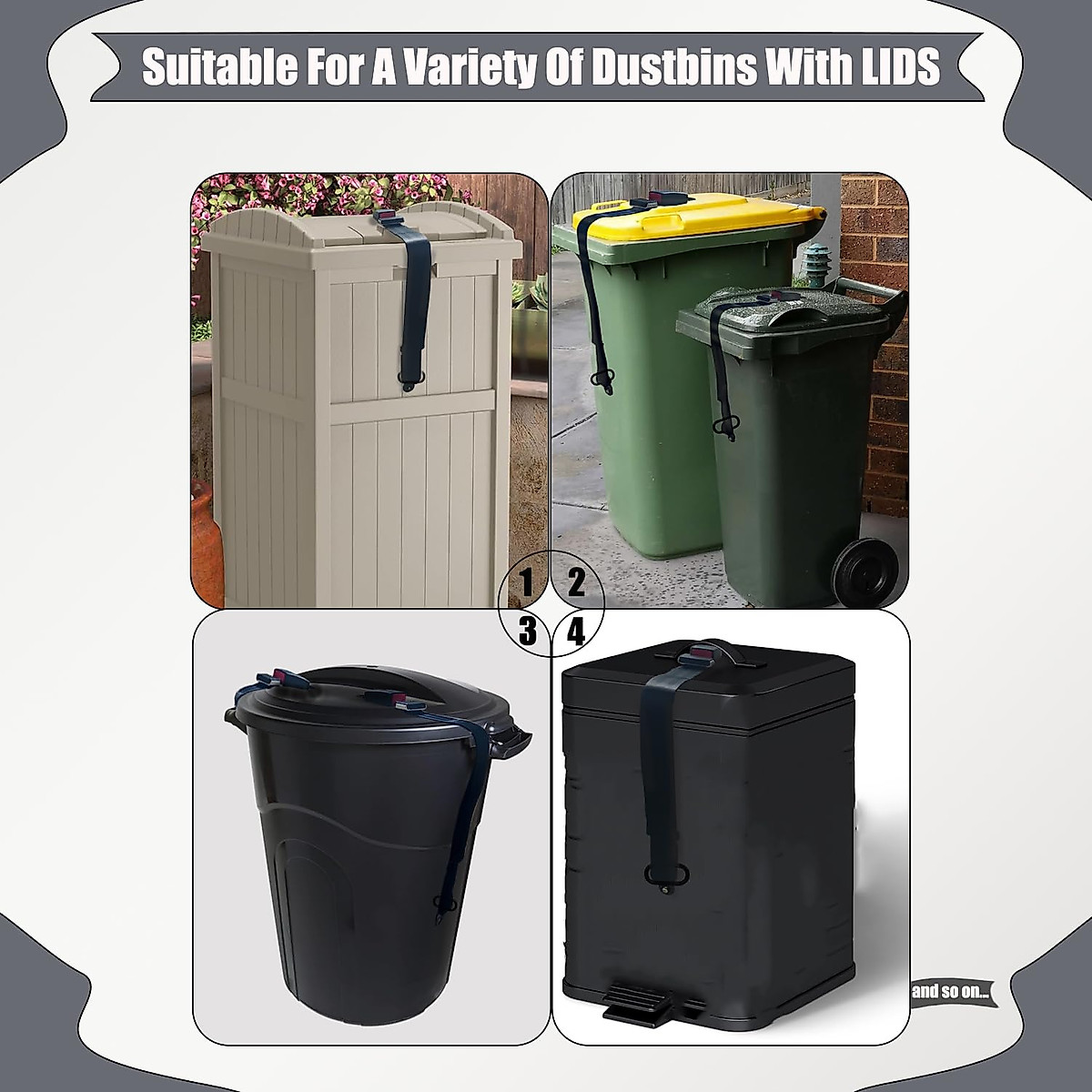 XIFOWE Metal Trash Can Strap, Semi-Automatic Adjustable Trash Can Lock, Universal Windproof Trash Can Lid Lock, Trash Can Locks for Raccoons, Fast Installation, Garbage Can Locks for Animals (2PCS)