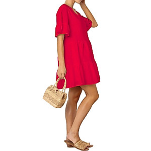 FANCYINN Women’s Red Cute Shift Tunic Dress Short Bell Sleeve V Neck Causal Swing Red Ruffle Mini Dress with Pockets M