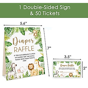 Yuzioey Safari Diaper Raffle Tickets and Sign, Jungle Animals Baby Shower Game Cards, 1 Standing Sign & 50 Tickets, Diaper Raffle Tickets for Safari Gender Neutral Baby Shower