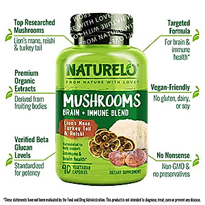 NATURELO Mushroom Supplement – Brain & Immune Health Blend with Lion’s Mane, Reishi, Turkey Tail – 90 Vegan Friendly Capsules