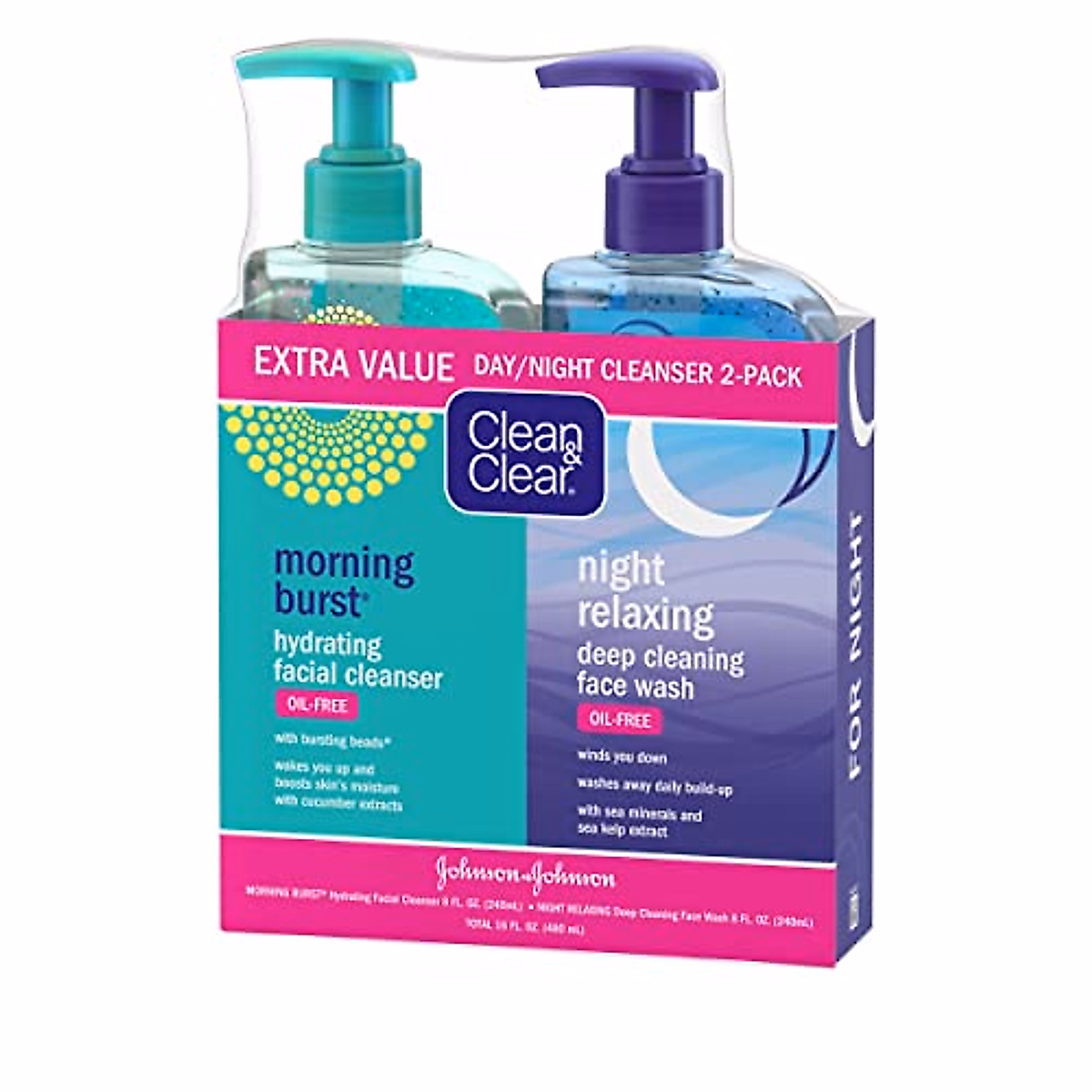 Clean & Clear 2-Pack Day & Night Daily Face Cleansers, Morning Burst Hydrating Facial Cleanser & Night Relaxing Deep Cleansing Face Wash, Oil-Free & Won't Clog Pores, 2 x 8 fl. oz
