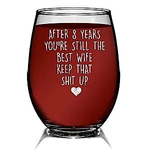 YouNique Designs 8 Years Anniversary Stemless Wine Glass for Her, 15 Ounces, Funny 8th Wedding Anniversary Wine Cup for Wife, Eight Years, Eighth Year