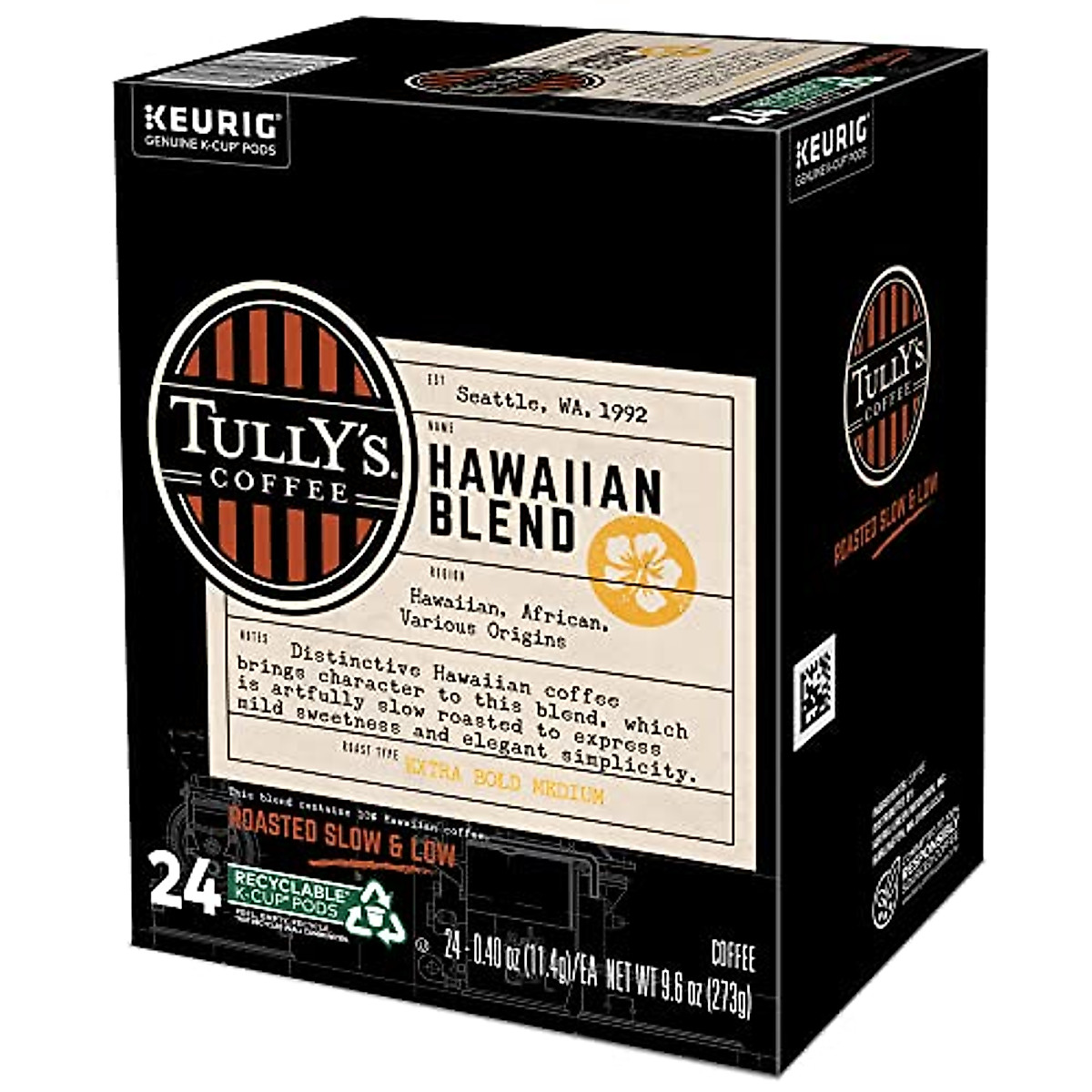 Tully's Coffee Hawaiian Blend Keurig Single-Serve K-Cup Pods, Medium Roast Coffee, 96 Count (4 Packs of 24)