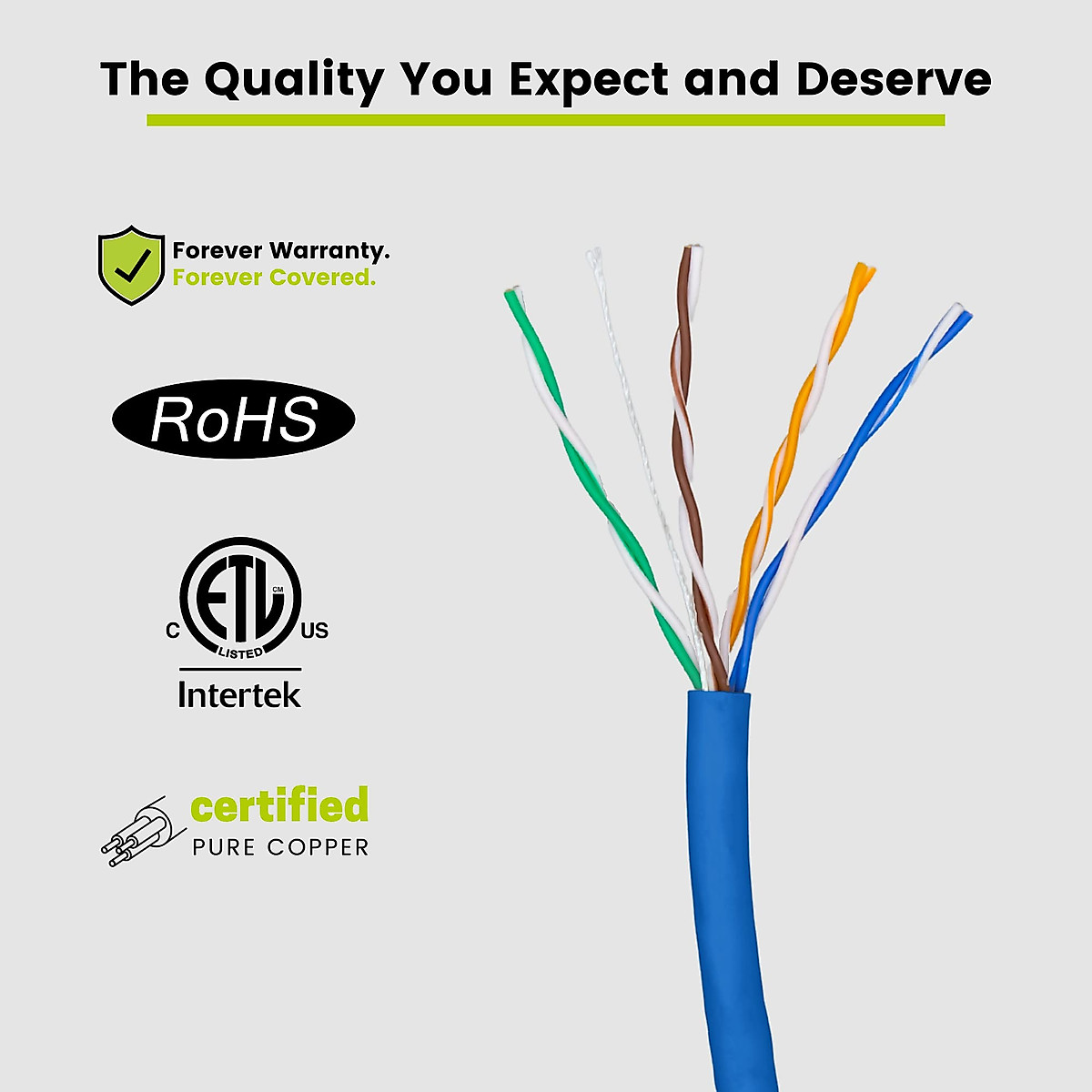 trueCABLE Cat5e Riser (CMR), 1000ft, Blue, 24AWG 4 Pair Solid Bare Copper, 350MHz, PoE++ (4PPoE), ETL Listed, Unshielded Twisted Pair (UTP), Bulk Ethernet Cable