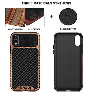 TENDLIN Compatible with iPhone XR Case Wood Grain with Carbon Fiber Texture Design Leather Hybrid Slim Case Compatible with iPhone XR (Carbon & Leather & Wood)
