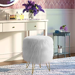 GREENSTELL Vanity Stool Chair with Storage, 13.5" W x 18" H Round Faux Fur Ottoman with 4 Metal Legs, Furry Padded Seat, Modern Multifunctional Makeup Stool for Bedroom Living Room White
