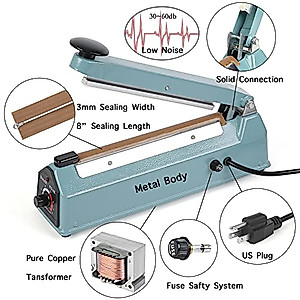 8 Inch Impulse Heat Sealer Plastic Bags Sealing Metal Machine Copper Transformer for Mylar Bags Food Storage Packing with Extra Replace Elements