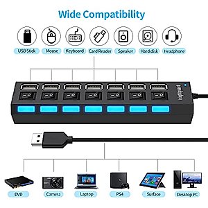 Multi Port USB Splitter, 7 in 1 USB Port 2.0 Hub with High Speed Individual ON/Off Switches and LEDs USB Port Expander (7-Port USB)