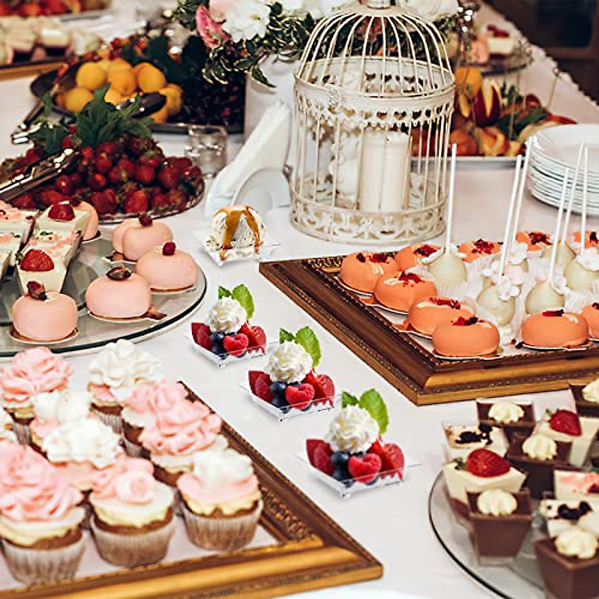 TOFLEN 100ct 1 oz Mini Dessert Plates with Tasting Spoons - Reusable Clear Plastic Square Party Serving Trays Mini Plates for Appetizers, Chocolates, Ice Cream, Fruit and More