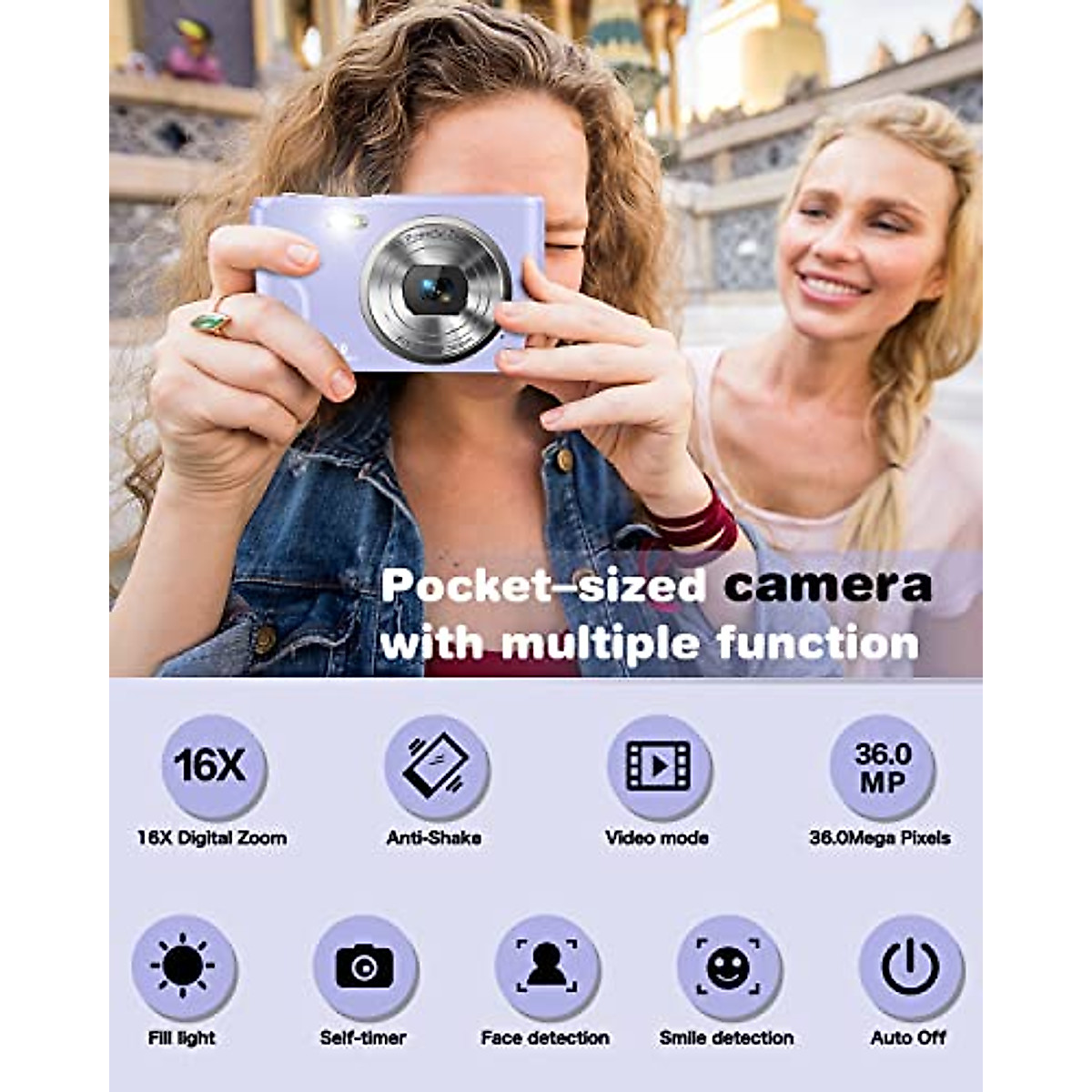 Digital Camera, Lecran FHD 1080P 36.0 Mega Pixels Vlogging Camera with 16X Digital Zoom, LCD Screen, Compact Portable Mini Cameras for Students, Teens, Kids (Purple)