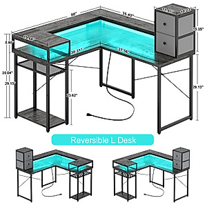 armocity L Shaped Desk with Drawers, Reversible Corner Computer Desk with LED Light & Power Outlet, 50'' L-Shaped Gaming Desk with Long Monitor Shelf, Home Office Desk for Small Corner Space, Grey