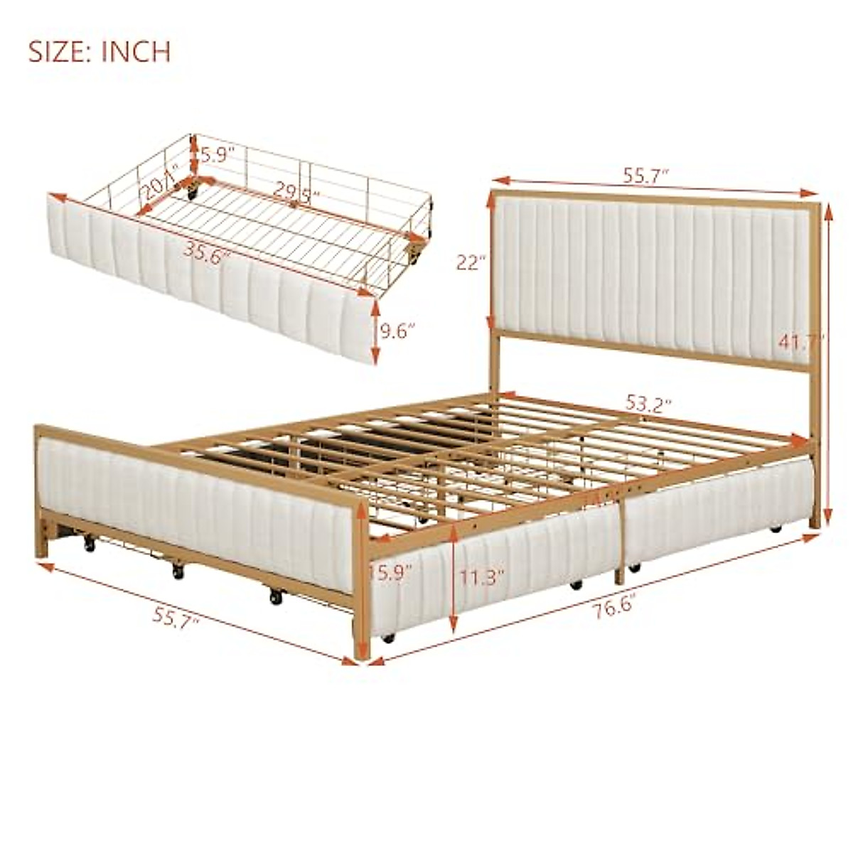 SIYSNKSI Full Size Metal Frame Upholstered Bed with 4 Drawers, Linen Fabric Platform Bed with Metal Slats Support and Headboard, Storage Platform Bed for Kids Teens Bedroom (Beige + Linen-C14)