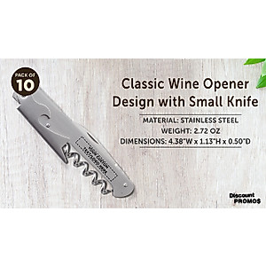 10 Valencia Stainless Steel Wine Bottle Openers Set - Customizable Text, Logo - Corkscrew, Serrated knife, Perfect for Bars - Silver