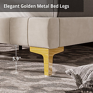 LIKIMIO Upholstered Bed Frame Queen, Velvet Bed Frame Queen Size Bed Frame with Headboard, Boho Bedframe Mattress Foundation, No Box Spring Needed, Beige