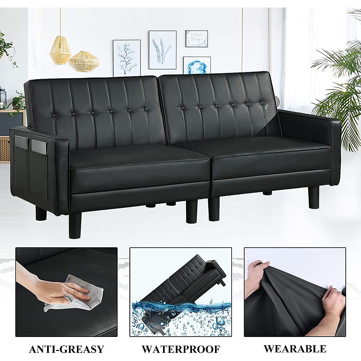 SAMERY Futon Sofa Bed Couch and Sleeper Sofas for Living Room, Faux Leather Convertible Folding Sofa Bed Couch and Loveseat for Small Space with Side Pockets Armrest and Sturdy Legs (Black)