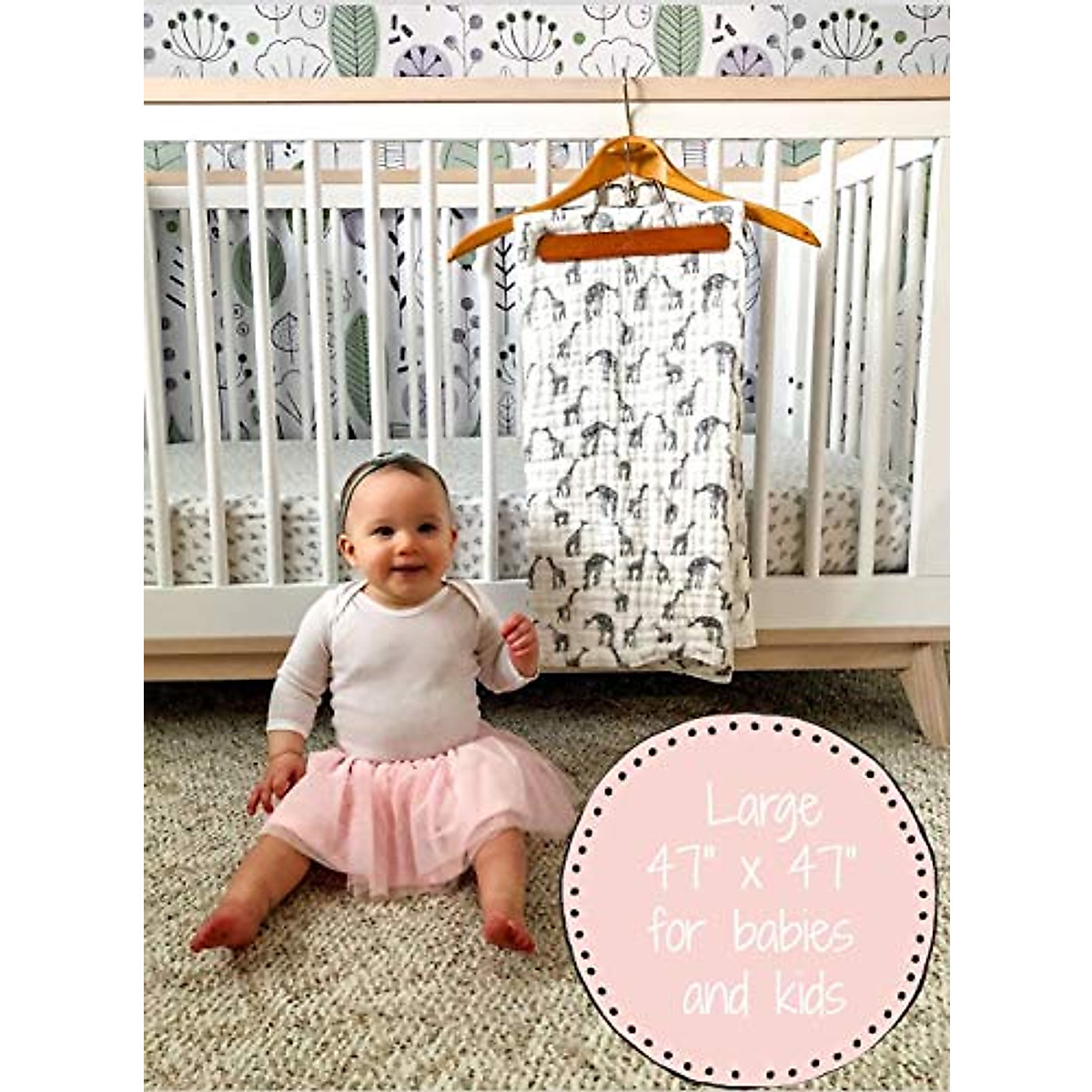 LollyBanks Super Soft Muslin Quilt 100% Cotton Gender Neutral Receiving Blanket Breathable Lightweight 6 Layers Large Size 47" x 47" (Giraffe)