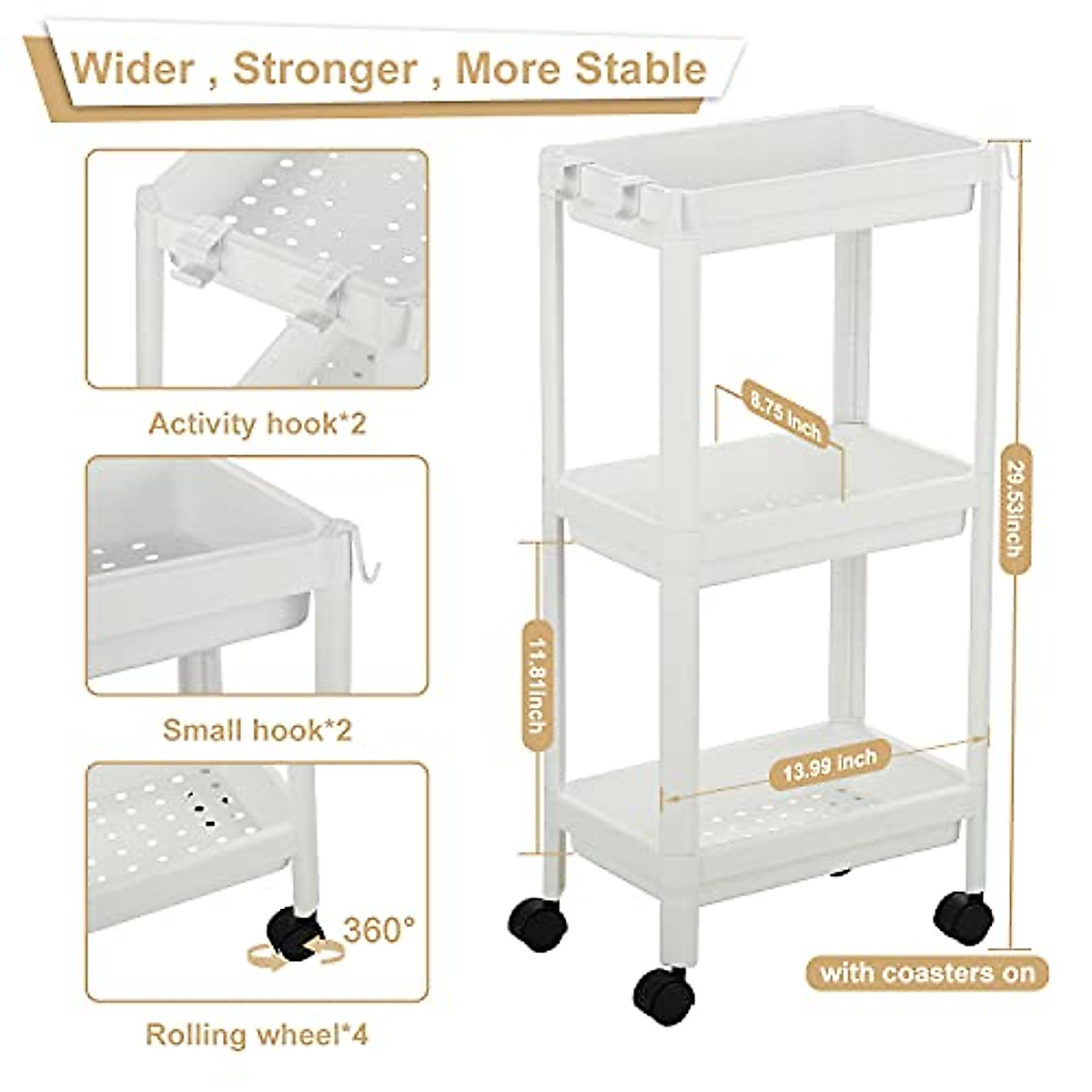 Flowmist 3 Tier Slim Storage Cart Rolling Laundry Cart Bathroom Shelves Organizer, with Wheels for Bathroom Laundry Pantry Kitchen Narrow Places