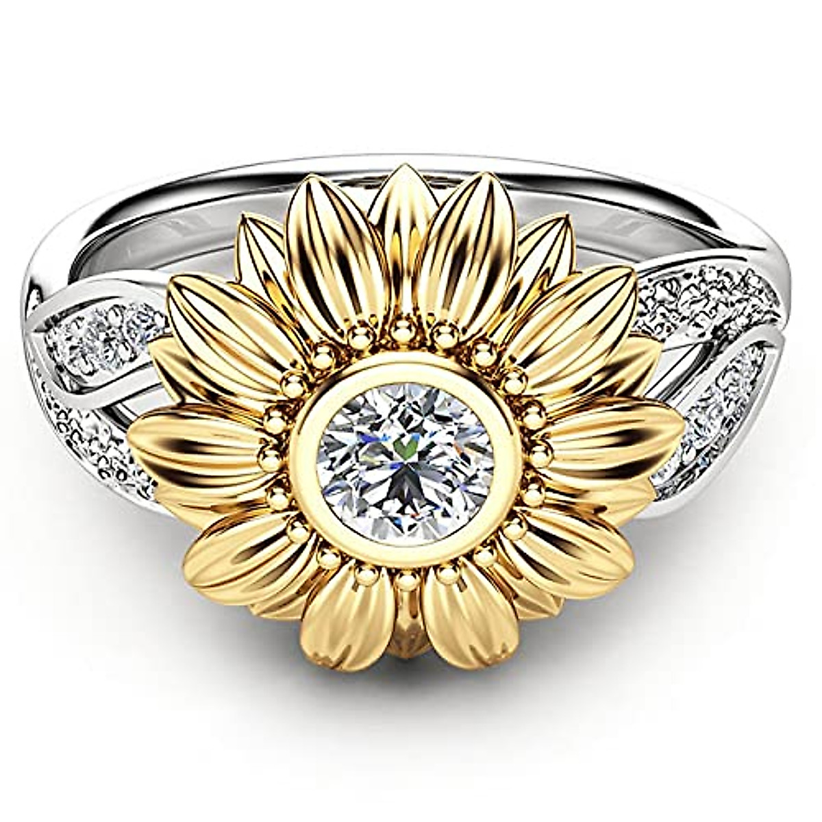 1 1/9 Ct Round Shape White Cubic Zirconia Sunflower Split Shank Floral Wedding Engagement Ring In 14K White Gold Plated 925 Sterling Silver (1.10 Cttw) Ring Size - 8.5