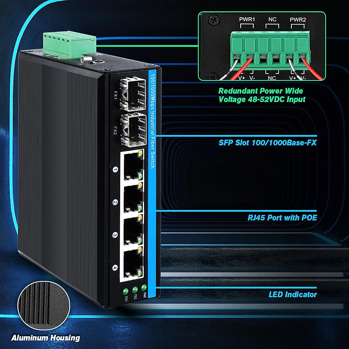 OLYCOM 6-Port Hardened Industrial Gigabit PoE+ DIN-Rail Fiber Network Switch 4 x Gigabit PoE+ Ports 2 x 1.25G SFP Fiber Ports 120W for Outdoor Use