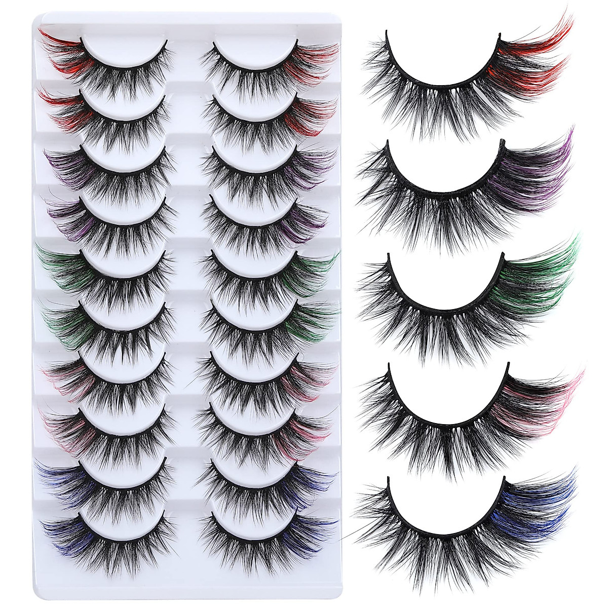 Colored Lashes Wispy Cat-Eye Fox-Eye Festival Lashes Colorful False Eyelashes with Color on end Cosplay Decorative Red green Fluffy Lash Extensions Glitter 3D 5 Colors Faux Mink Lashes by Boahankuke