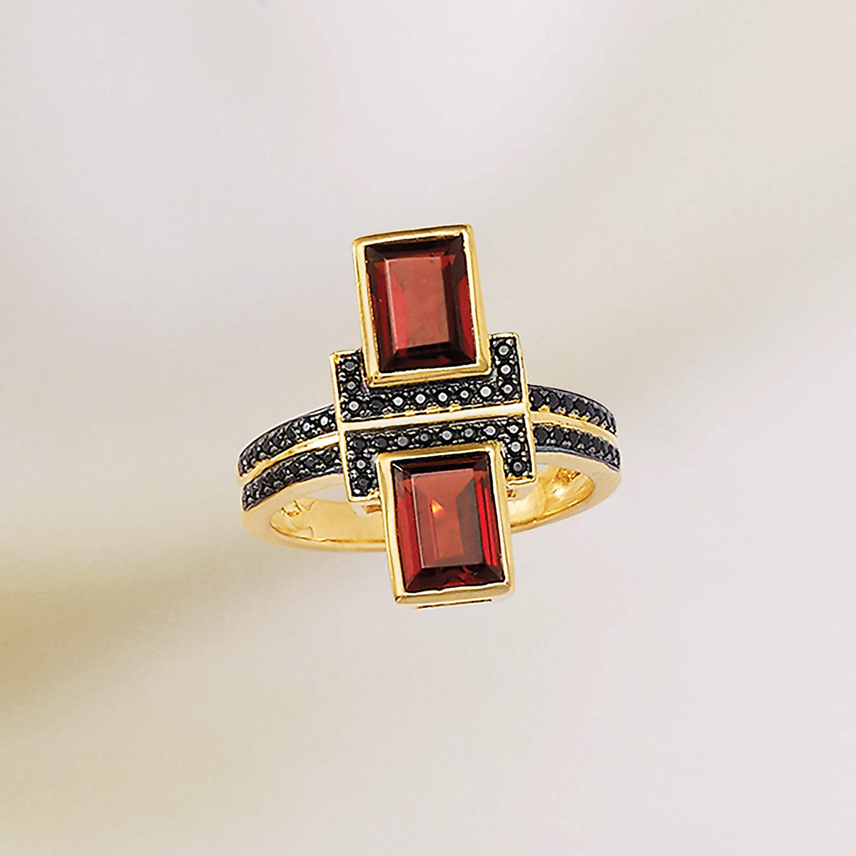 Ross-Simons 2.40 ct. t.w. Garnet and .10 ct. t.w. Black Spinel Ring in 18kt Gold Over Sterling. Size 7