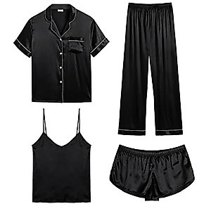 SWOMOG Womens Silk Satin Pajamas Sets 4pcs Sleepwear Sexy Cami Shorts Set and Button Down Short Sleeve Pjs Loungewear A-black