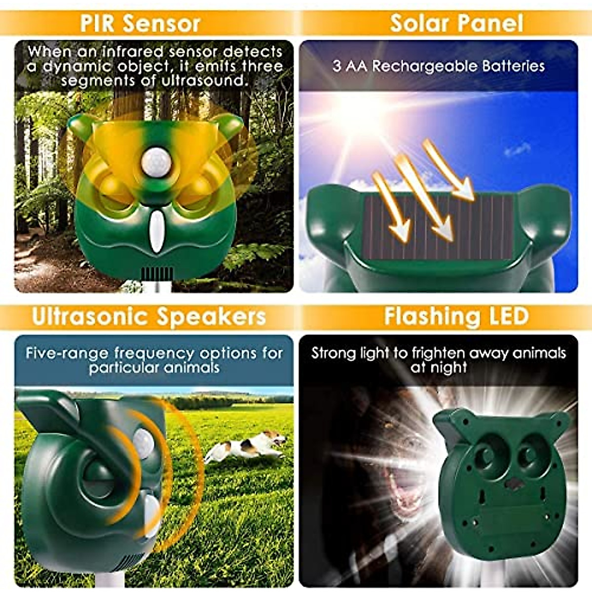 Ultrasonic Cat Deterrent, Outdoor 5 Modes Solar Powered Deterrent Device with Motion Sensor and Flashing Light, IP44 Waterproof Device for Garden, Farm, Yard, Dogs, Cats, Birds and More