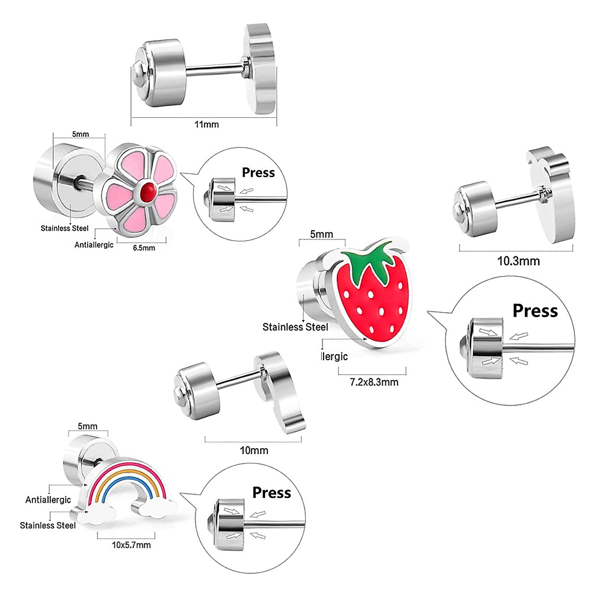 20g Strawberry Flower Rainbow Tiny Small Stud Earrings for Women Cartilage Tragus Sensitive Ear Flat Back Cute Stainless Steel Hypoallergenic Sleeper Huggie Piercing Fashion Jewelry Gifts Bff Birthday Daughter Xmas 3 Pairs Set