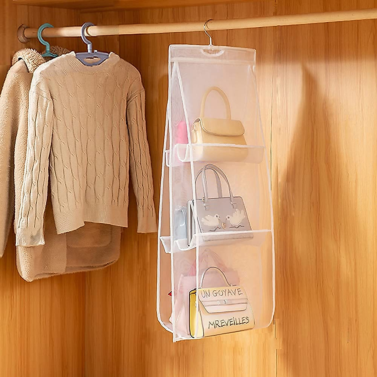 ZHAOYAN Hanging Purse Organizer Multi-Purpose Handbag Storage Bag Dustproof Washable Closet Organization Bag Double-Side 6 Pockets, White