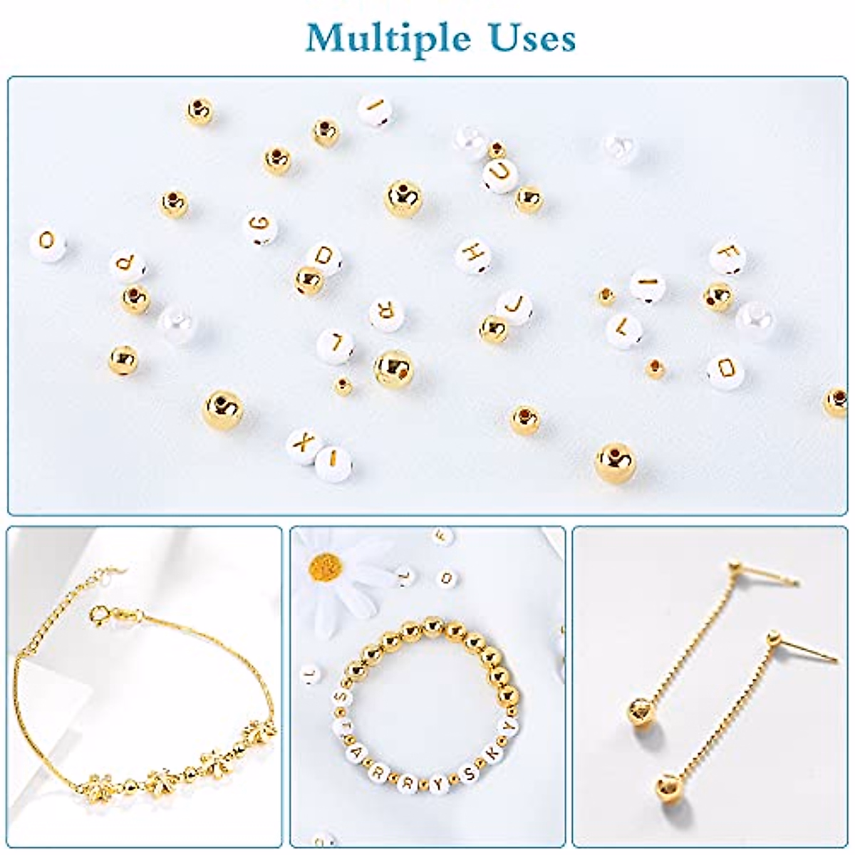 1800Pcs Beads Making Kit, 1500Pcs Gold Round Spacer Beads Smooth Loose Ball Beads, 150Pcs Alphabet Beads, 150Pcs White Pearls Beads and 2 Rolls Elastic String for DIY Bracelet Jewelry Craft