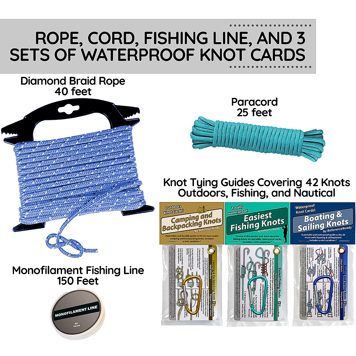 Deluxe Knot Tying Kit with Rope, Cord, Fishing Line, and 3 Knot Tying Guides (Outdoors, Fishing, Boating) - Learn How to Tie 42 Knots