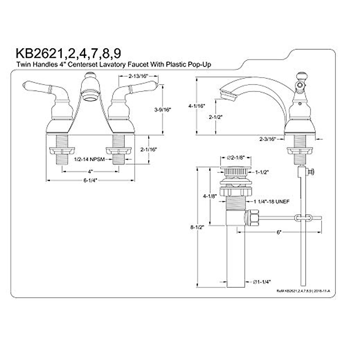 Kingston Brass KB2624 Naples 4-Inch Centerset Lavatory Faucet, Polished Chrome and Polished Brass