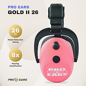 Pro Ears Gold II 26 Ear Muffs, NRR 26, Military Grade Electronic Hearing Protection with DLSC Compression, Gel Ear Seals & Auto Shut Off, Amplifies Sound 8x, Made in USA, Pink