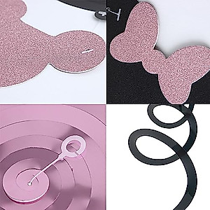 30CT Minnie Hanging Swirls Happy Birthday Decorations, Pink Mini Mouse Theme Party Decorations, Minnie Streamers for Ceiling Mouse Cartoon Party Supplies Pink Glitter Party Decor Girls Baby Shower