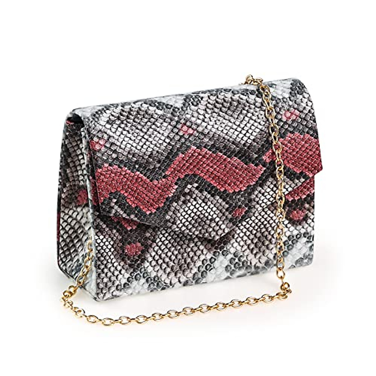 WJCD Snake Print Leather Clutch Purse with Crossbody Chain Strap (Red)