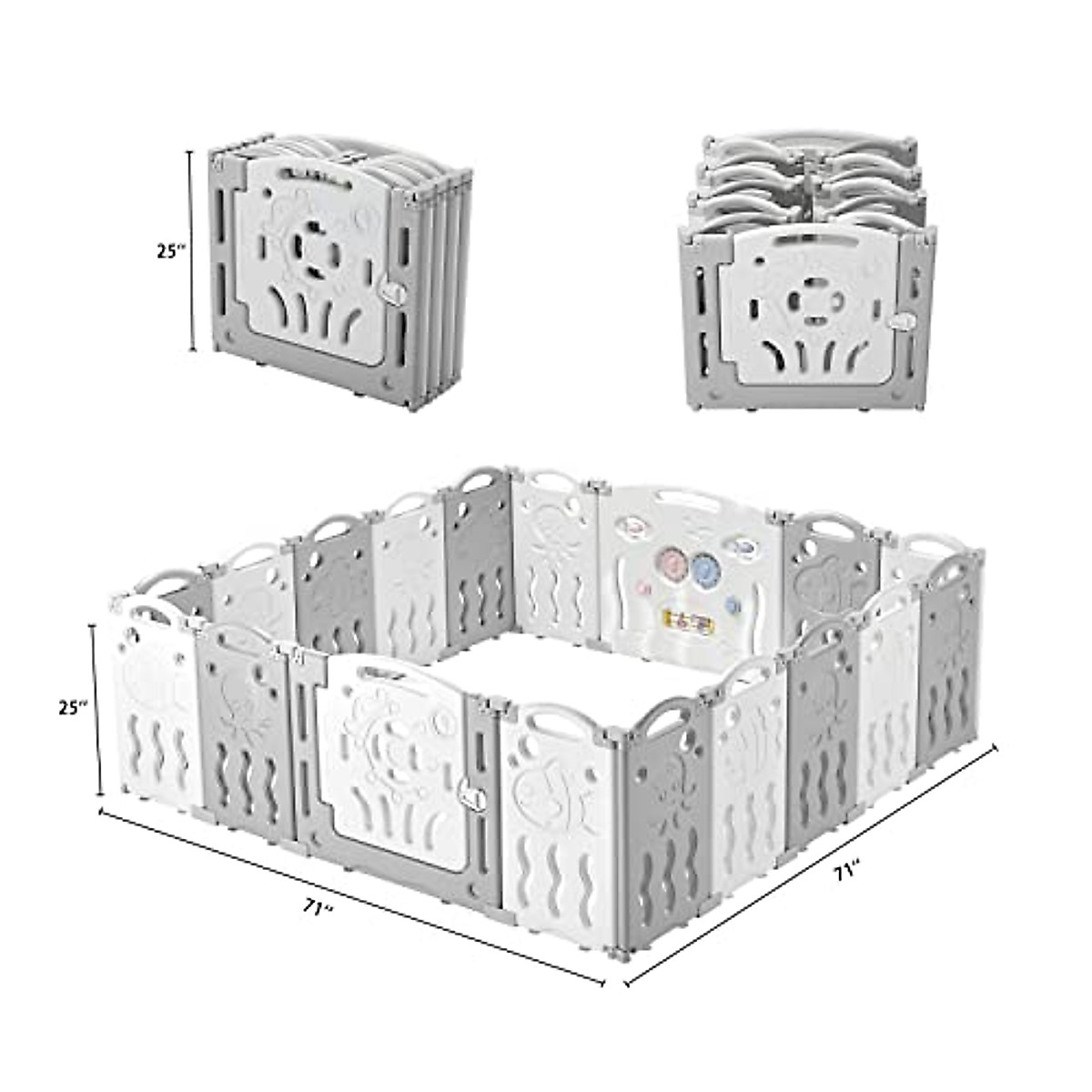 Albott Baby Playpen, Upgraded 18 Panels Foldable Baby Fence with Game Panel and Safety Gate, Adjustable Shape, Portable Baby Play Yards for Children Toddlers Indoors or Outdoors (Grey+White, 18 Panel)