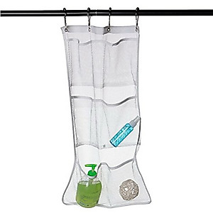 Mesh Shower Organizer Hanging, 6 Pockets Bath Shower Caddy Organizer Hanging Bathroom Shower Curtain Rod Accessories 4 Rings, Quick Dry